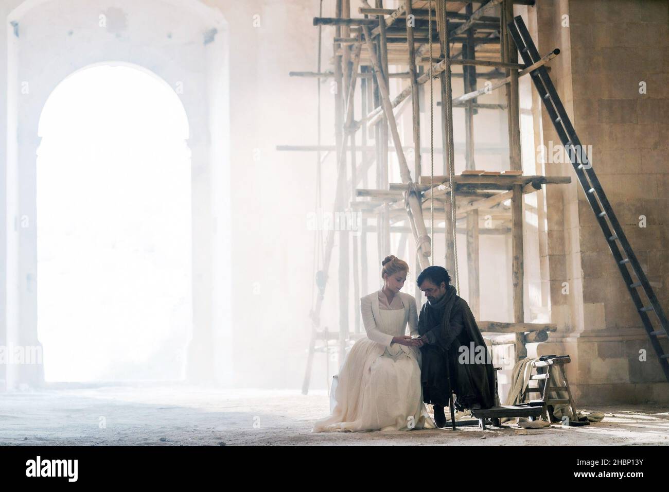 CYRANO, from left: Haley Bennett as Roxanne, Peter Dinklage as Cyrano ...