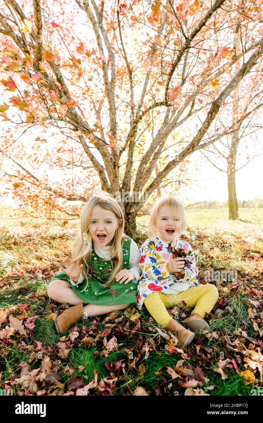 Full length portrait of two sisters sitting together outside Stock ...