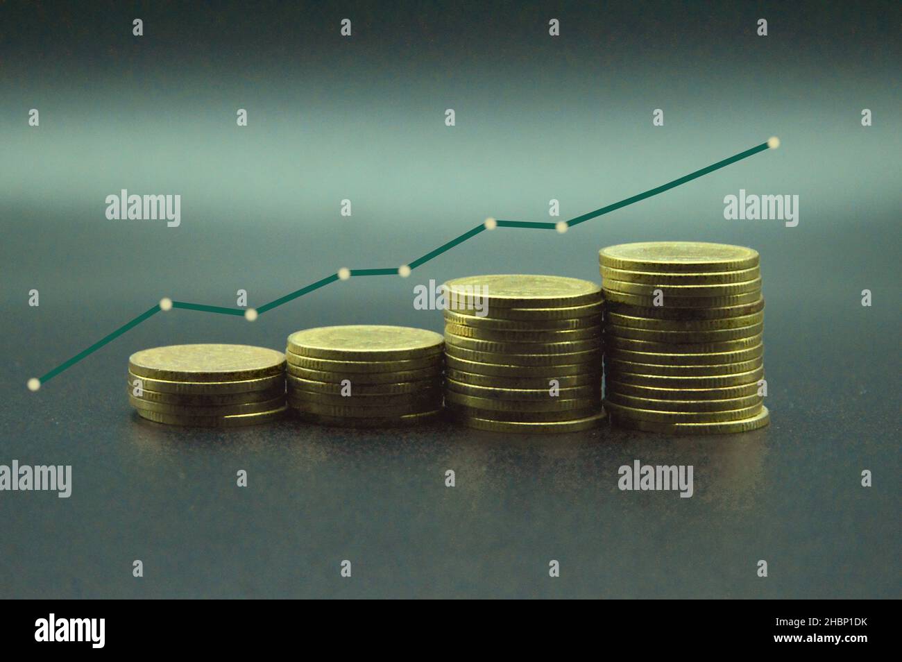 Money gold coin stack with lines graph black background Stock Photo - Alamy