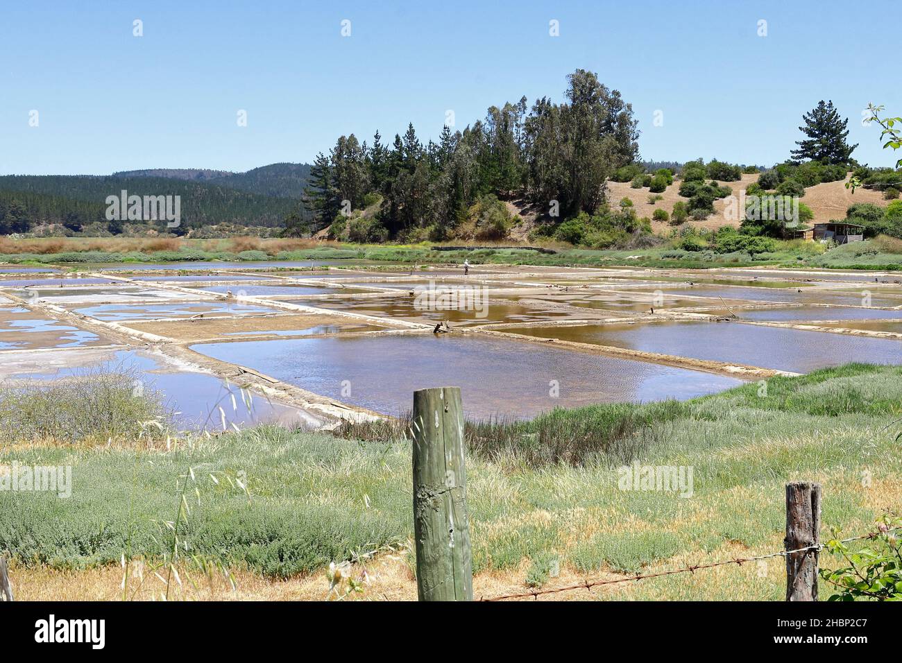 Salt pans, by sea water evaporation. Unreconogzible man working in the ...