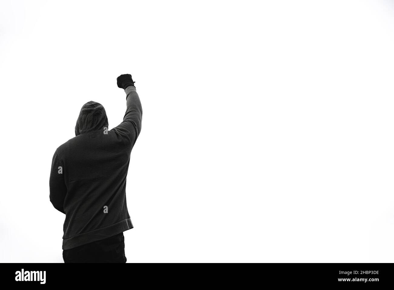 A back view of an activist with his arm up isolated on a white ...