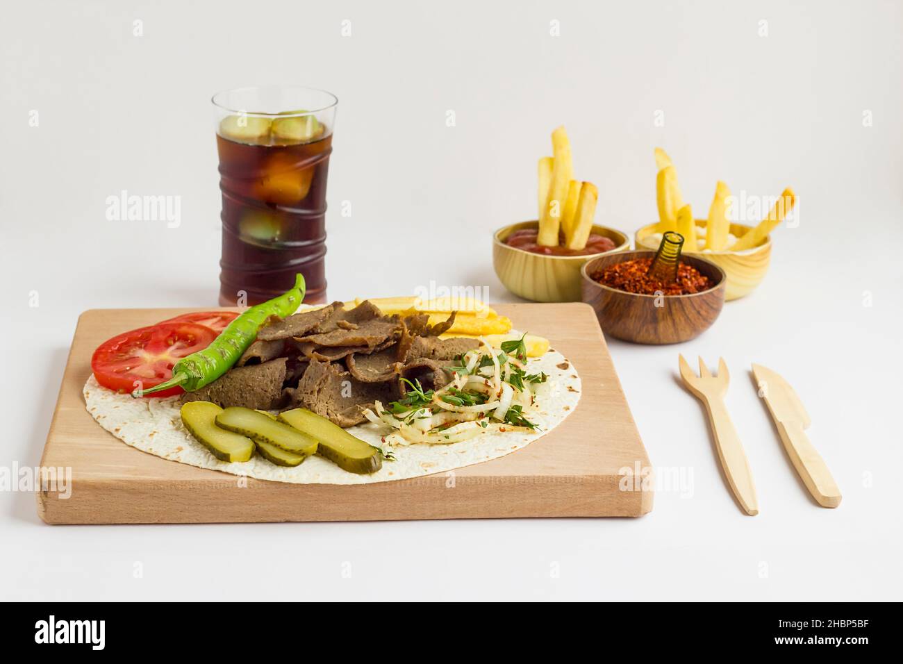 Traditional Turkish kebab,doner menu with cold drink and fried potatoes ...