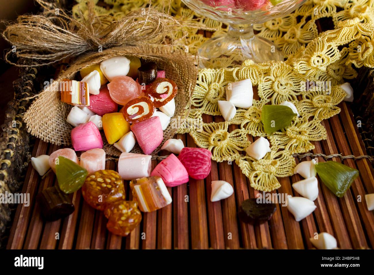 Colorful,Traditional Turkish hard candy is Akide in wooden tray with ...