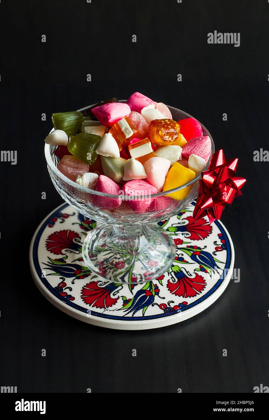 Traditional Turkish hard colorful candy Akide in glass bowl with ...