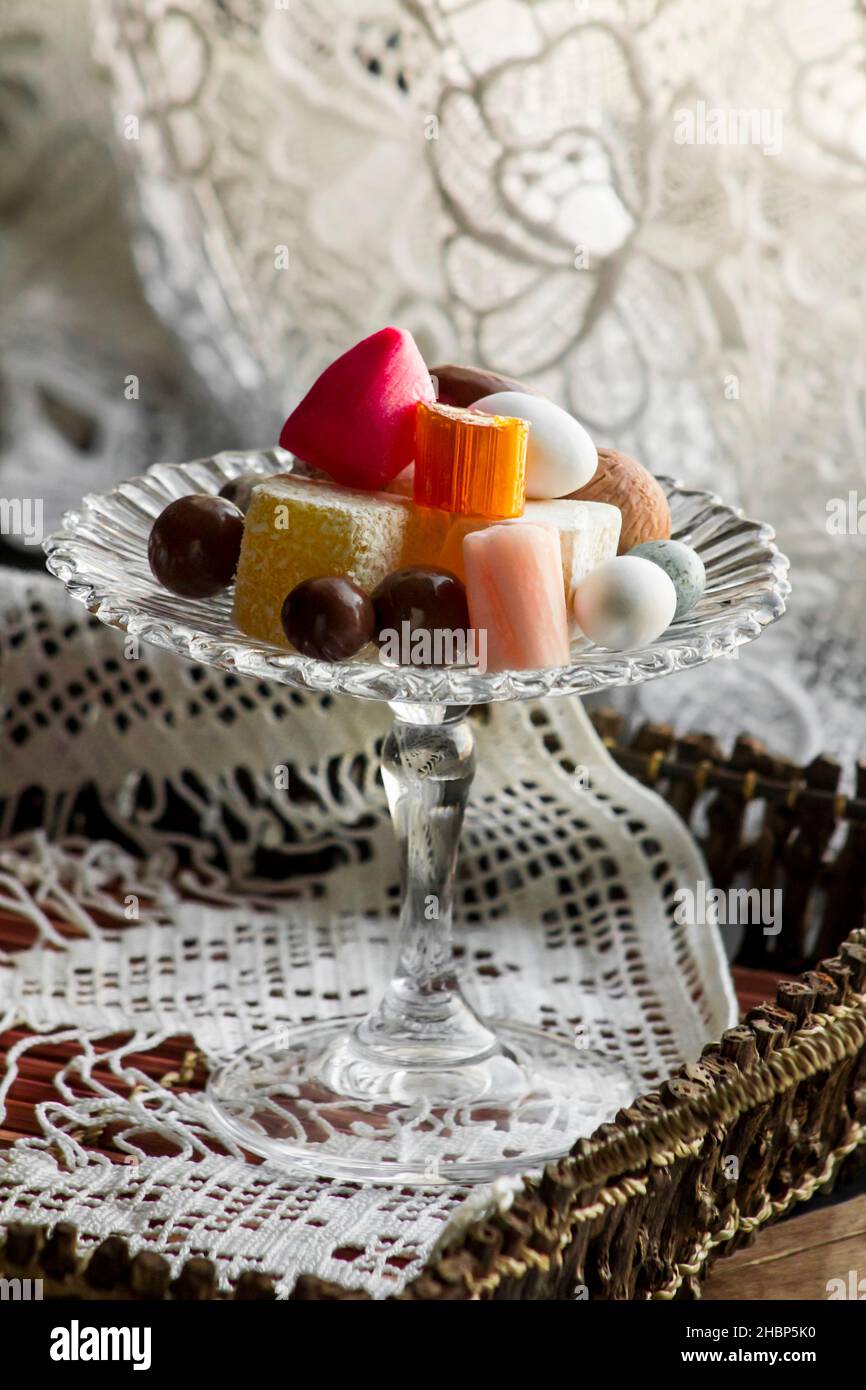 Traditional Turkish hard candies Akide on the handmade lace,in front of ...