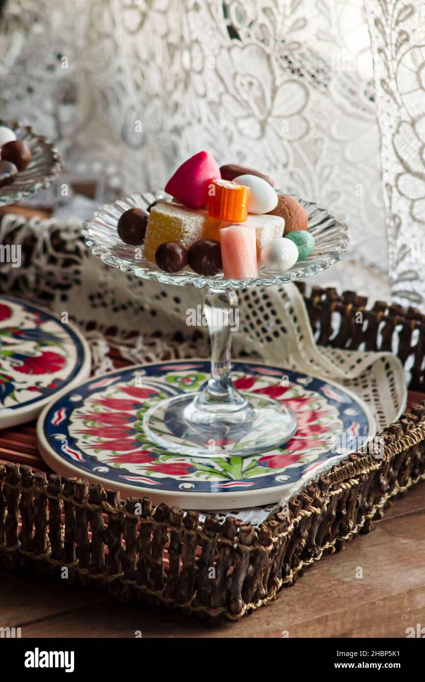 Traditional Turkish hard candies Akide on the handmade lace,in front of ...