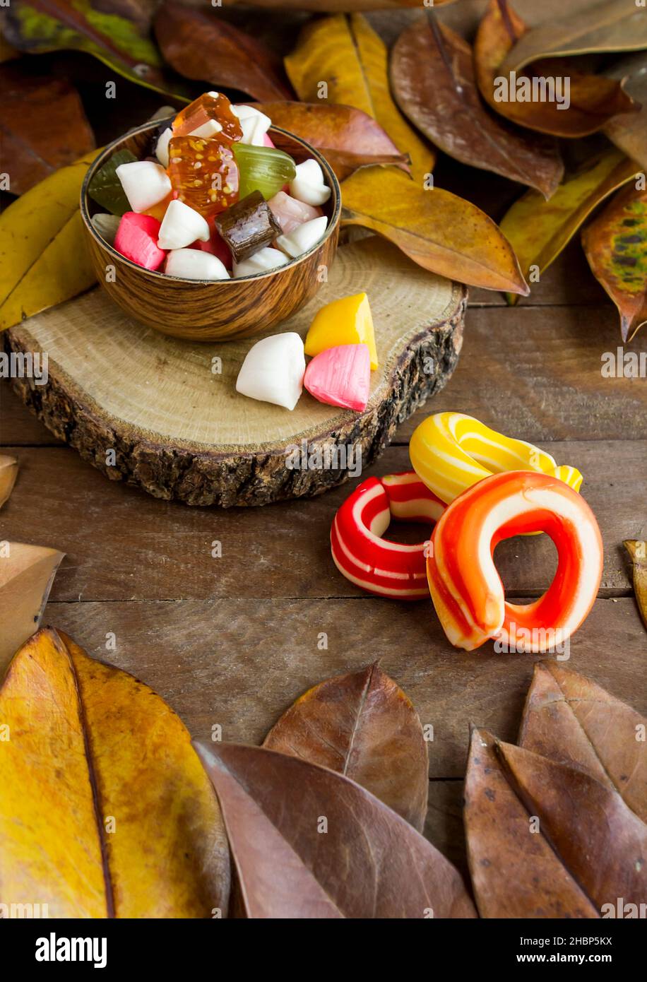 Traditional Turkish hard candy Akide in bamboo bowl,on wooden table ...