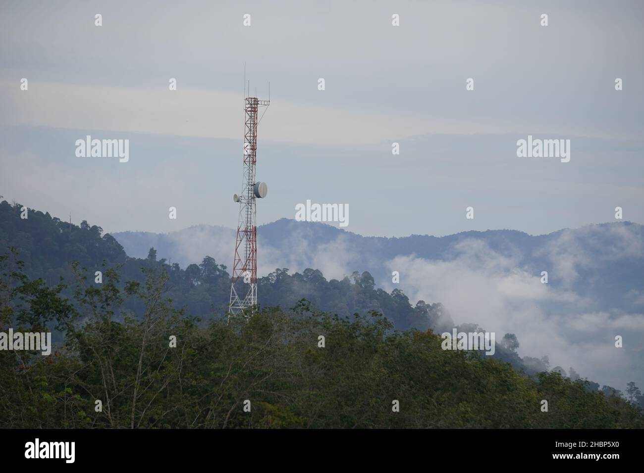 An aerial view of a cellphone tower on the hill in the morning Stock ...