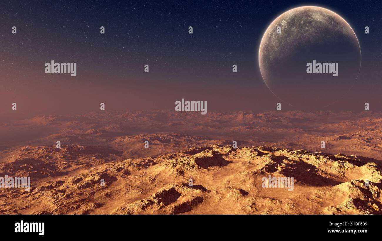 A 3D digital rendering illustration of a distant alien planet view from ...