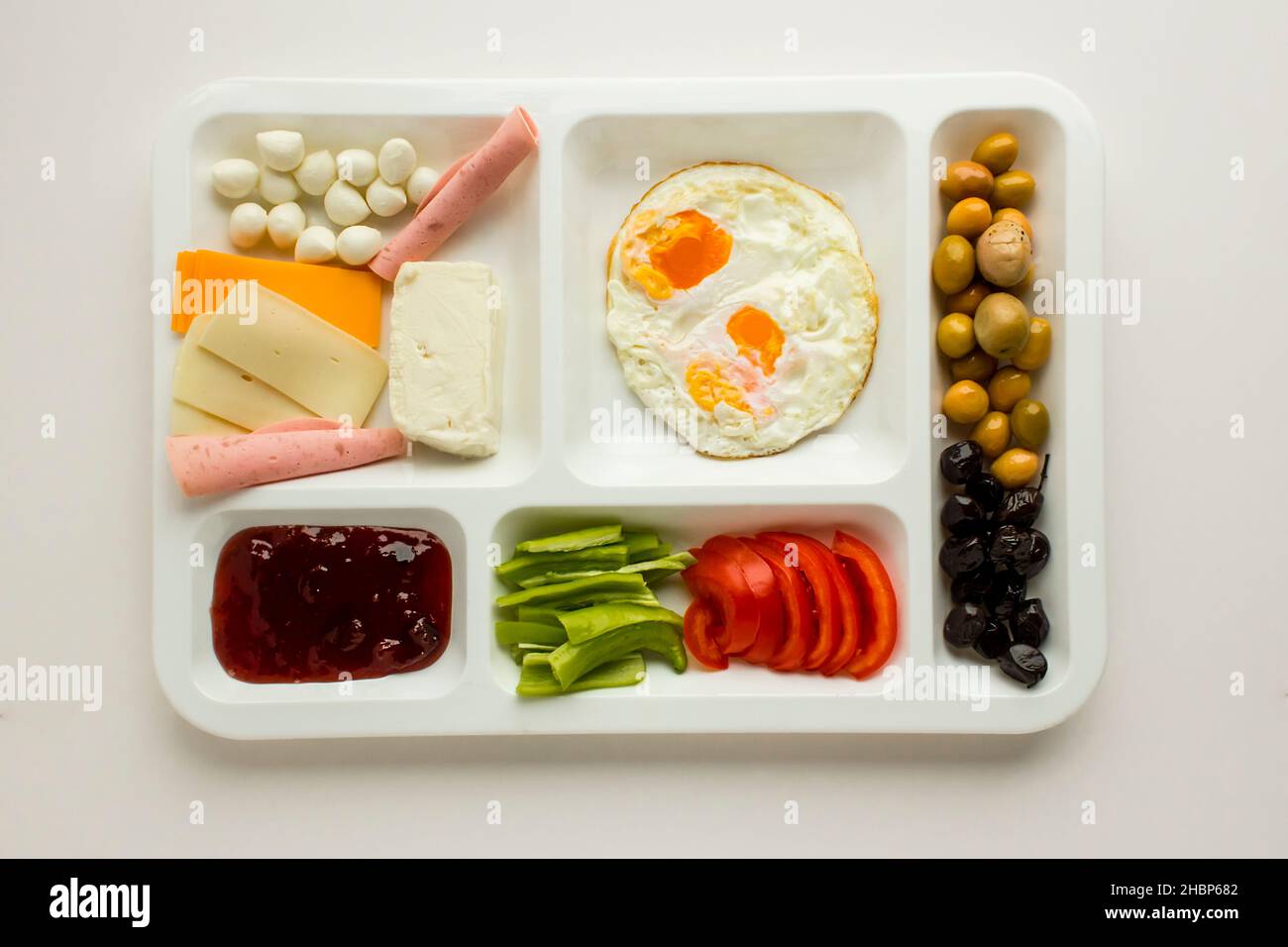 Traditional Turkish Breakfast with cheese, salami, pepper, jam, egg ...