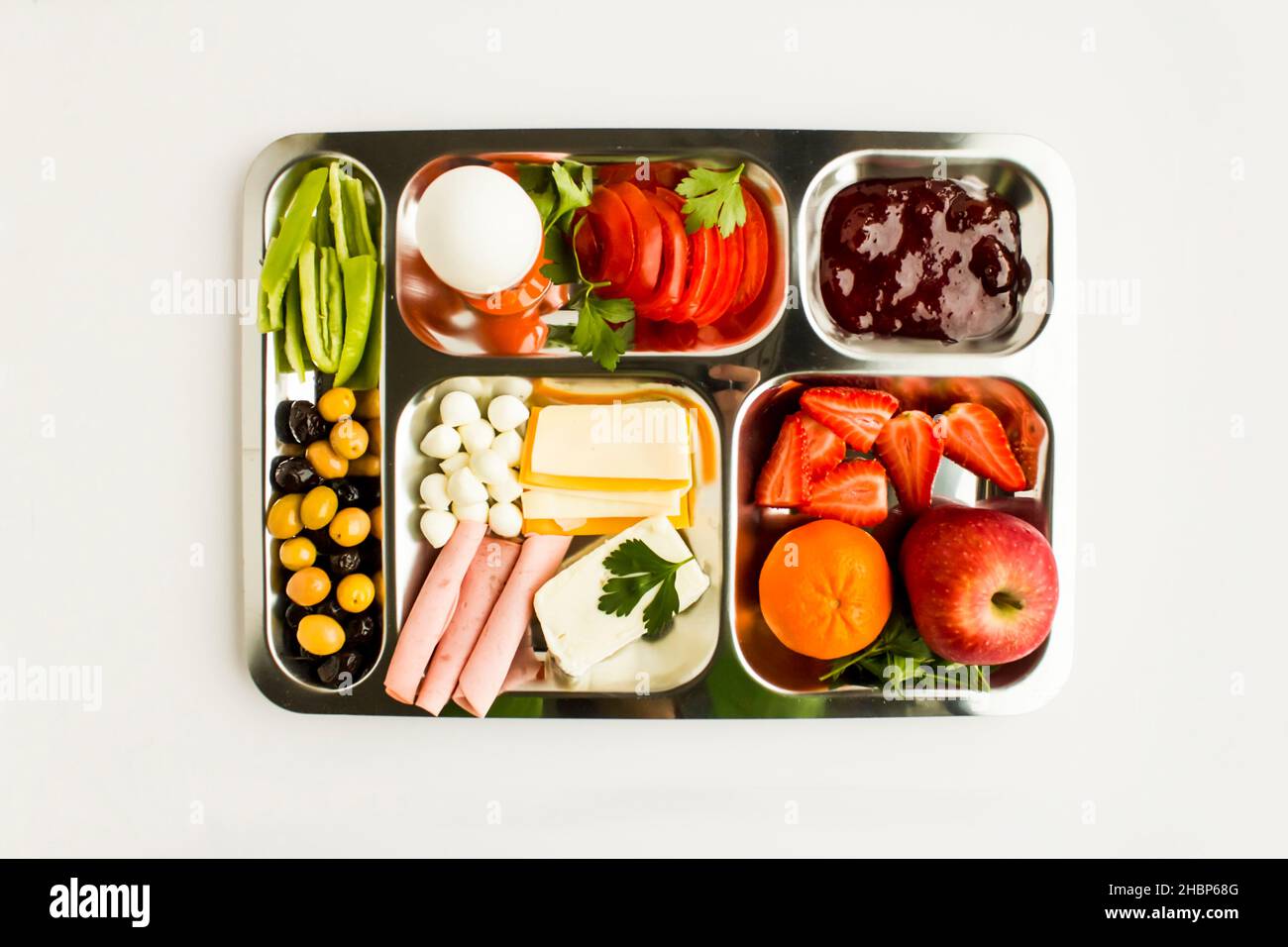 Traditional Turkish Breakfast in a stainless steel food tray,table d ...