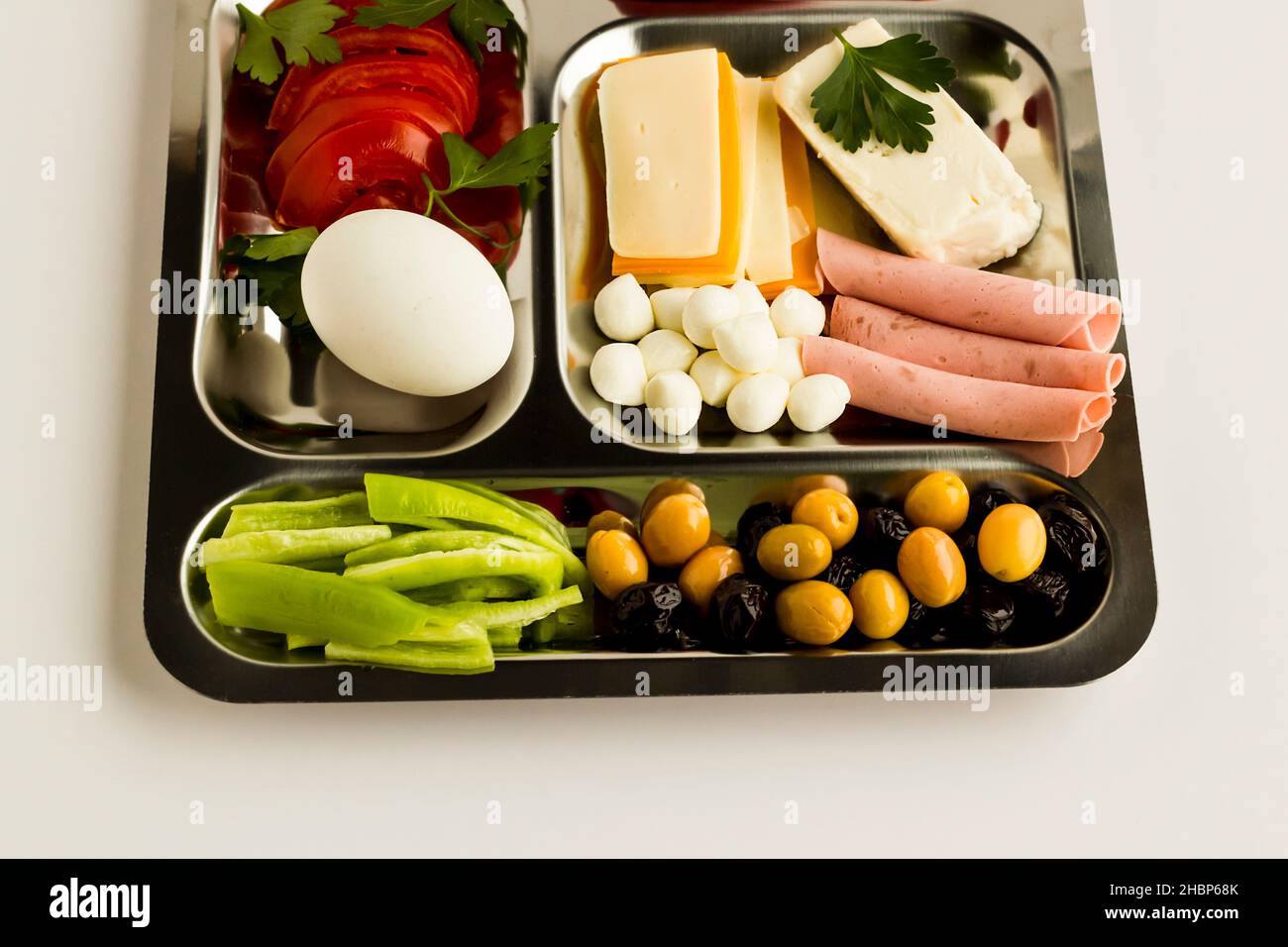 Traditional Turkish Breakfast in a stainless steel food tray,table d ...