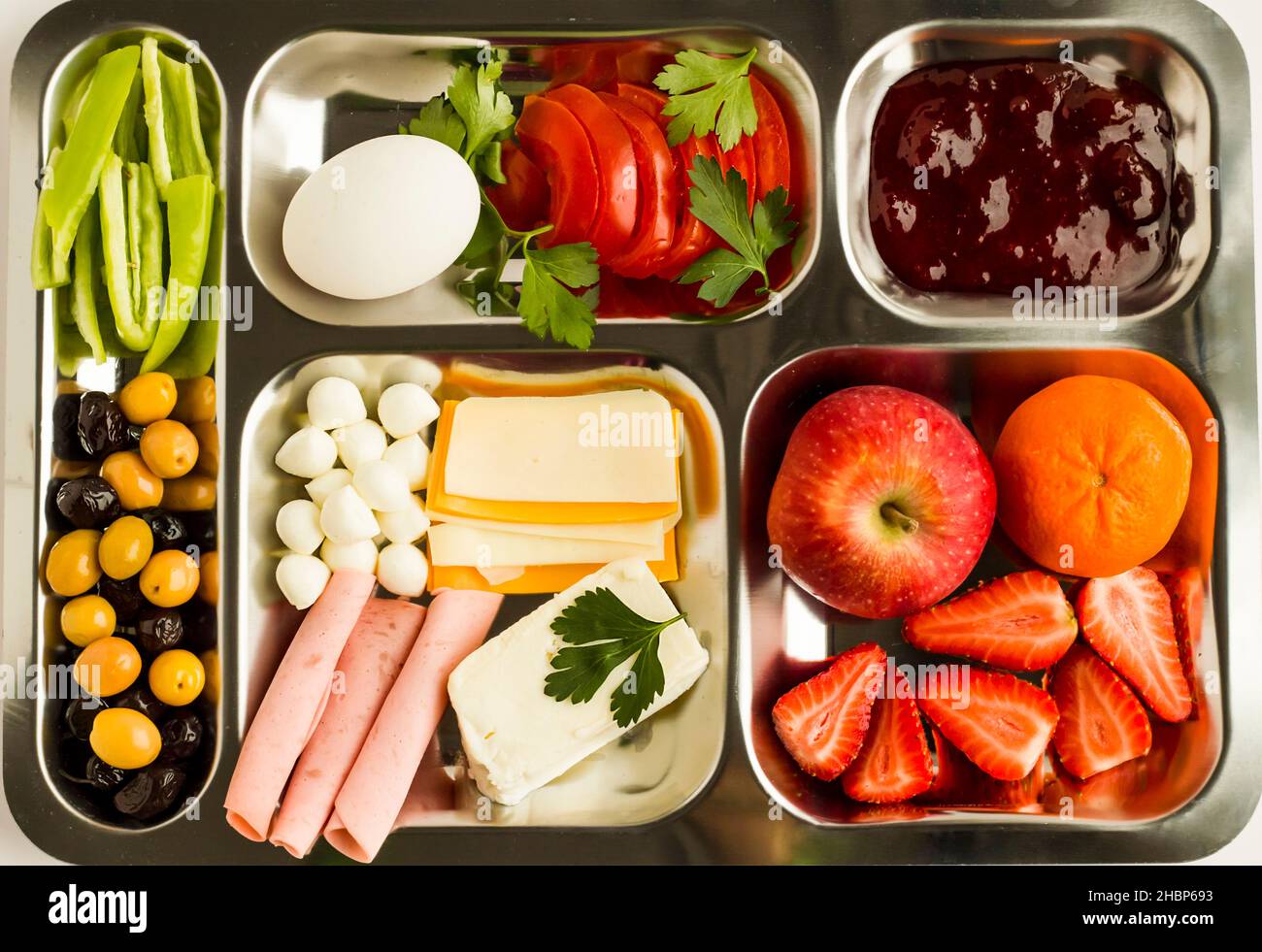 Traditional Turkish Breakfast in a stainless steel food tray,table d ...