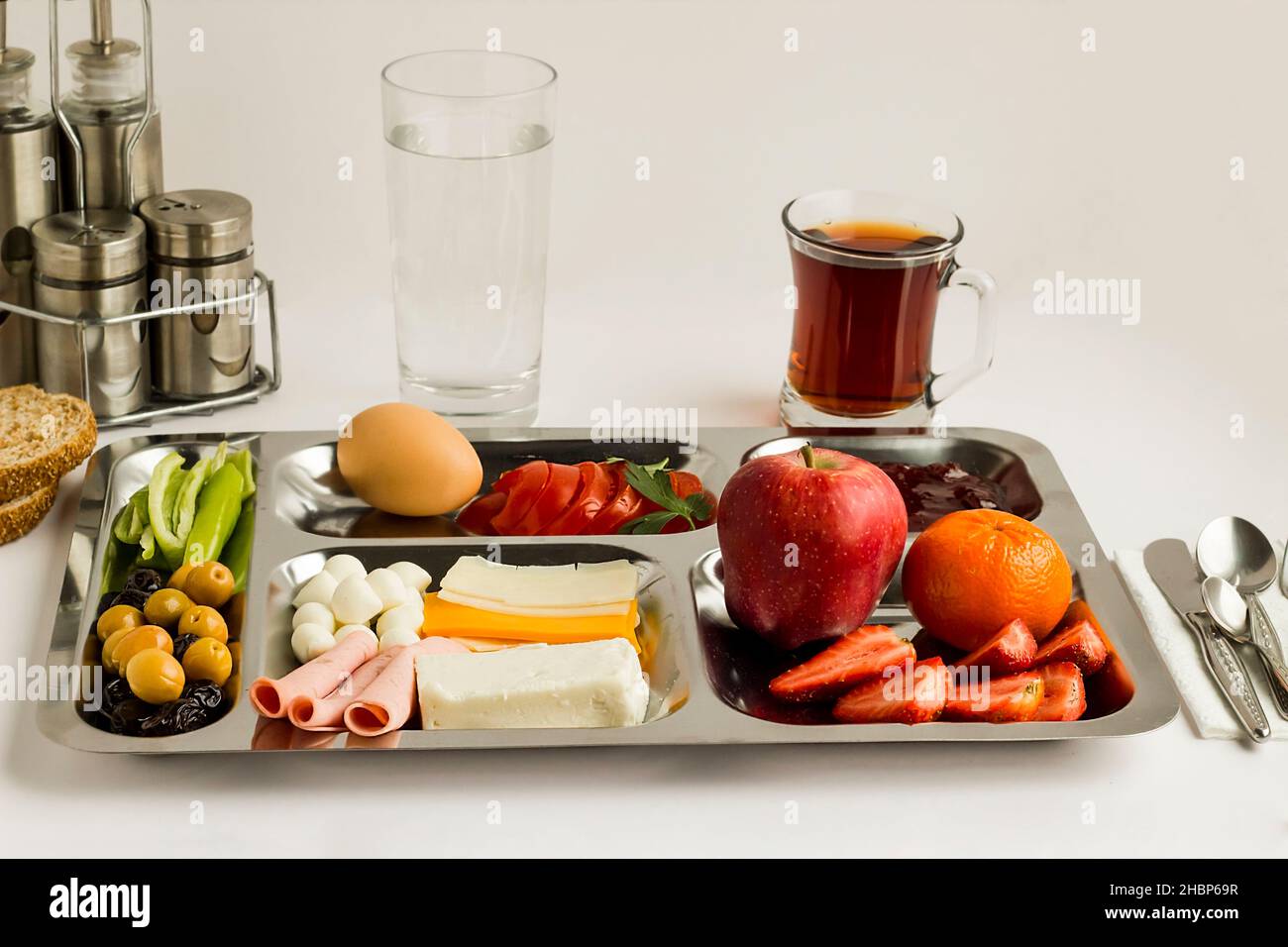 Traditional Turkish Breakfast in a stainless steel food tray,table d ...