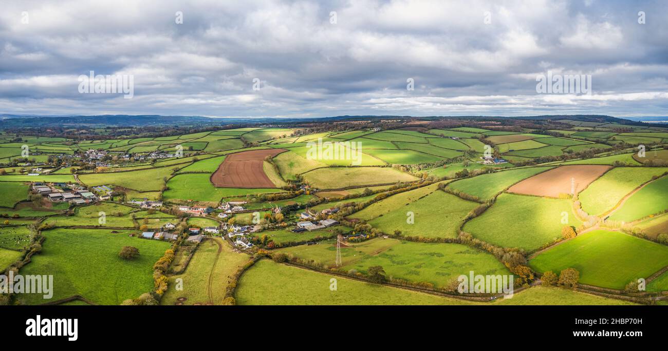 Farmlands, Meadows and Fields over Devon in the colors of fall, England ...