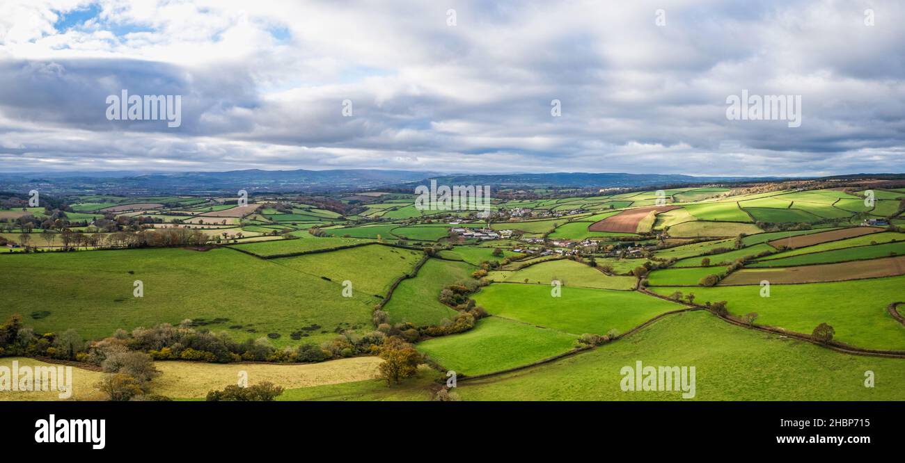 Farmlands, Meadows and Fields over Devon in the colors of fall, England ...