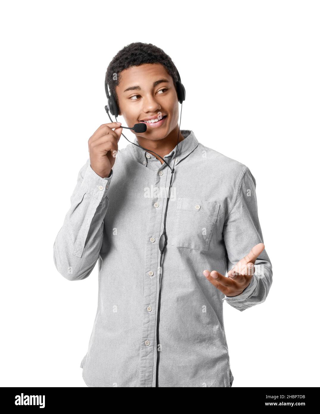 African-American technical support agent on white background Stock ...