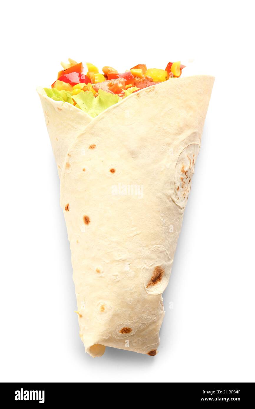 Tasty Mexican burrito with vegetables on white background Stock Photo ...