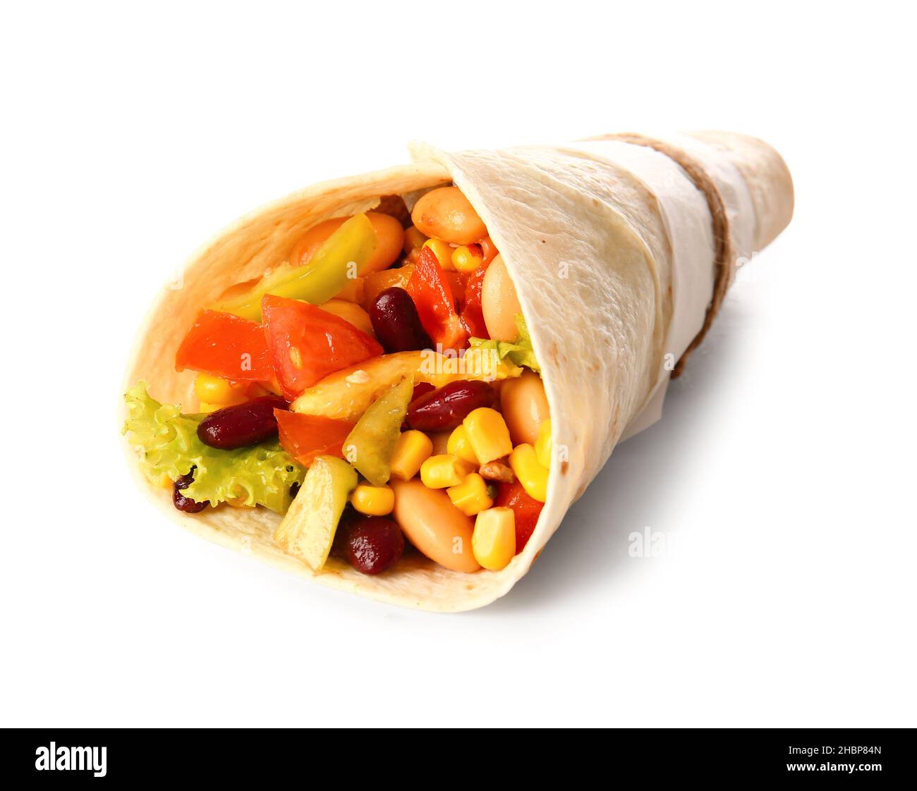 Tasty Mexican burrito with vegetables on white background Stock Photo ...