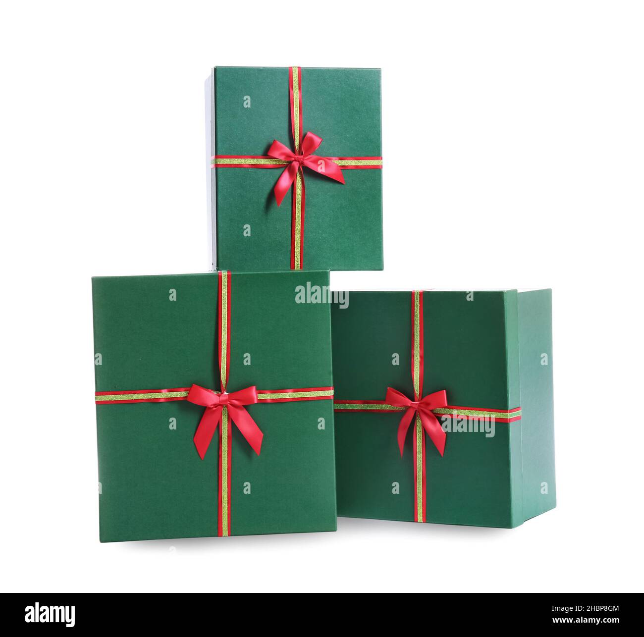 Green gift boxes on white background Stock Photo - Alamy