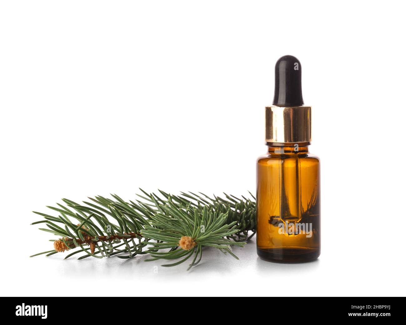 Bottle of essential oil and fir branch on white background Stock Photo ...