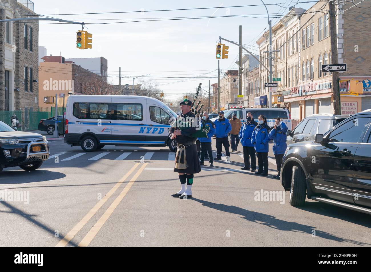 New York, NY - december 20, 2021: Pipe player performs during memorial ...
