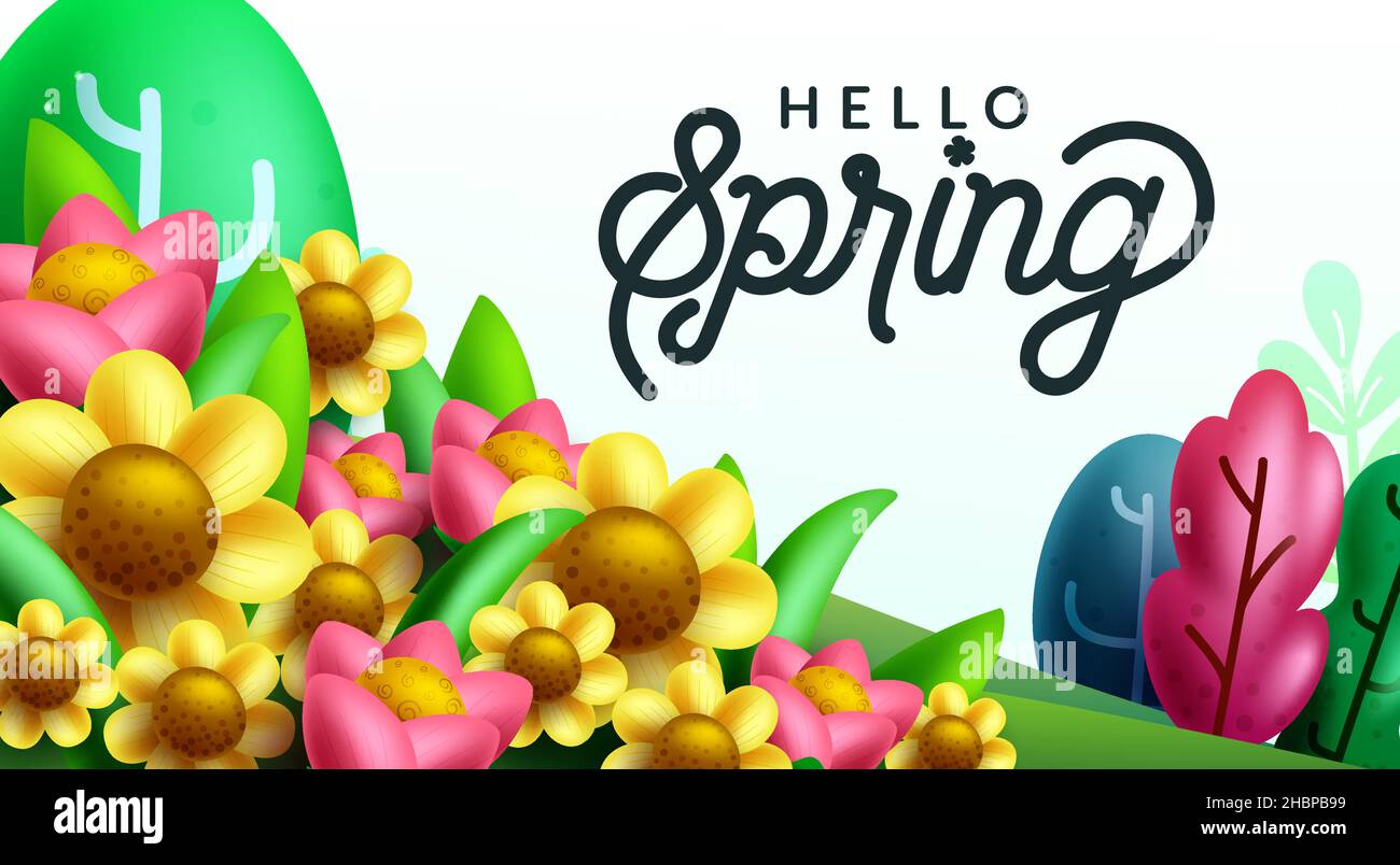 Spring vector background design. Hello spring text in flower field with ...