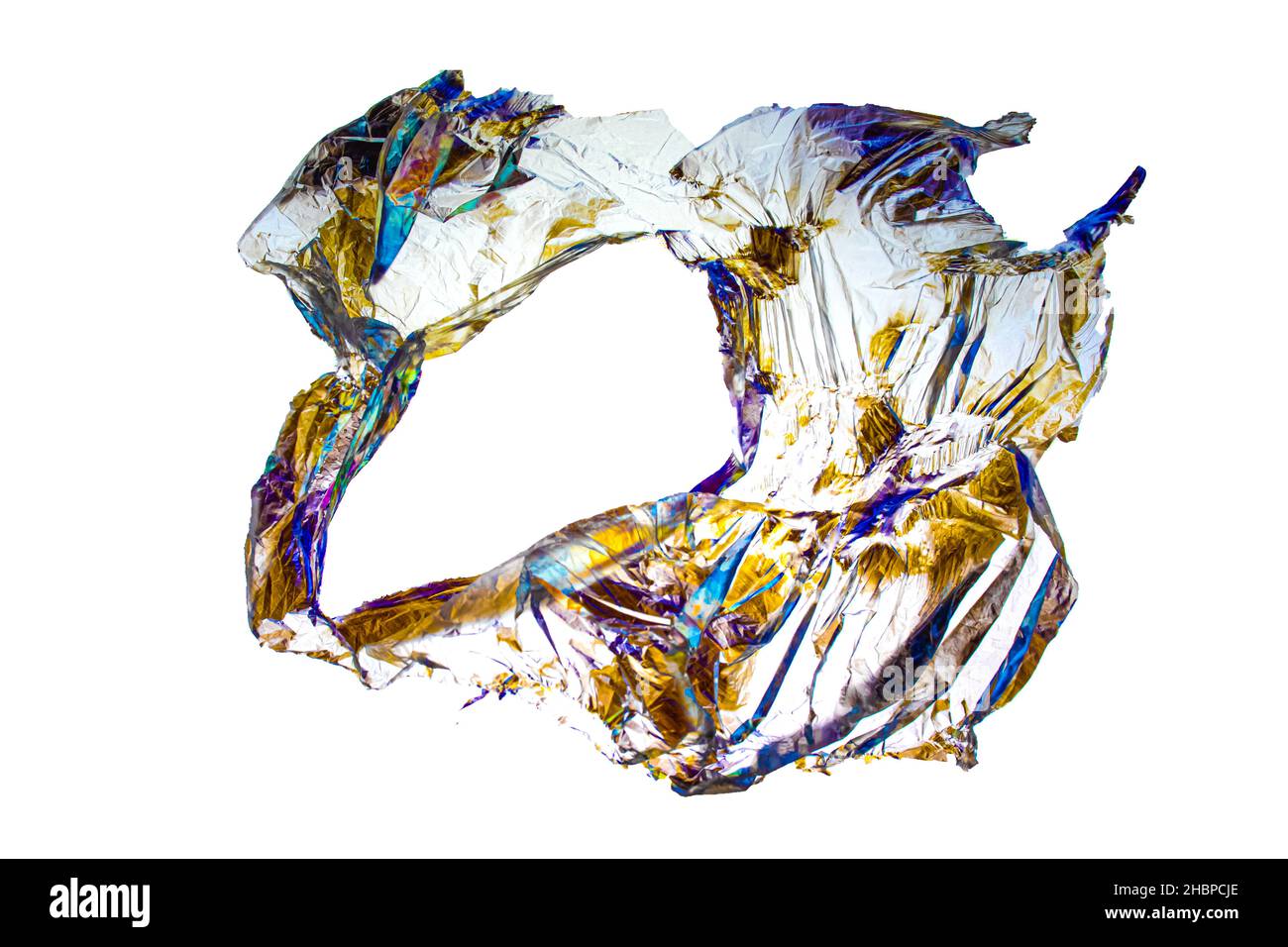 A stretched plastic bag reveals stress patterns under polarised light ...
