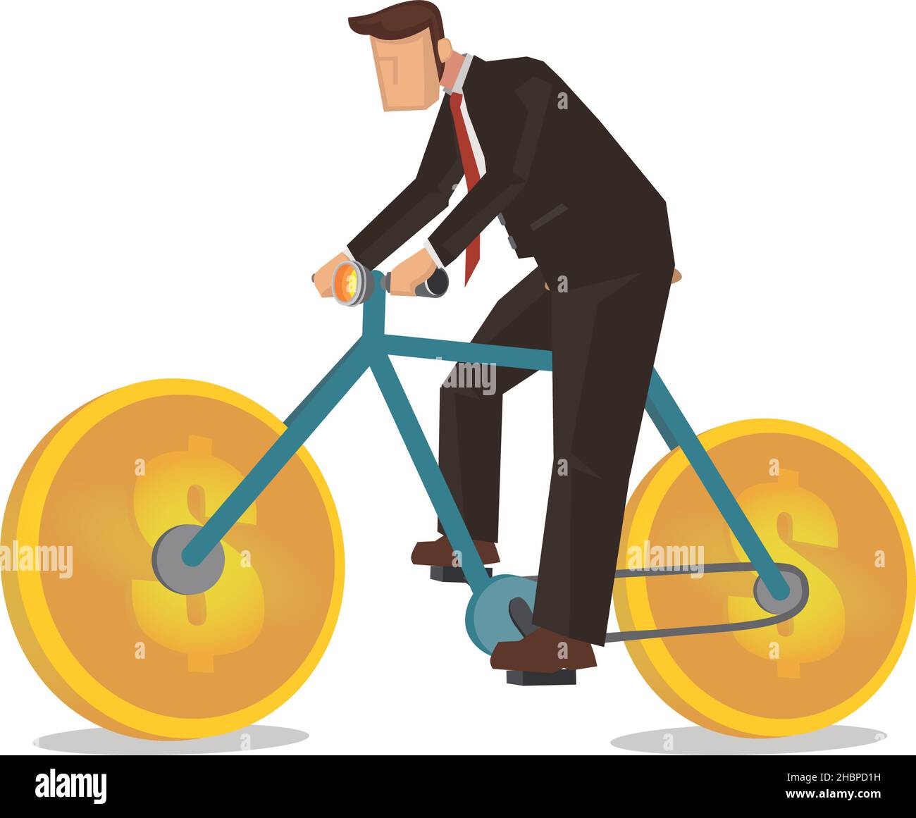 Businessman riding a coin bicycle. Wheels of the bicycle are golden ...