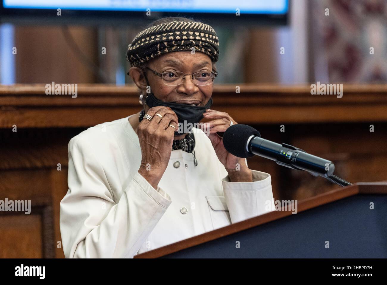 New York, NY - December 20, 2021: Velmanette Montgomery introduces ...