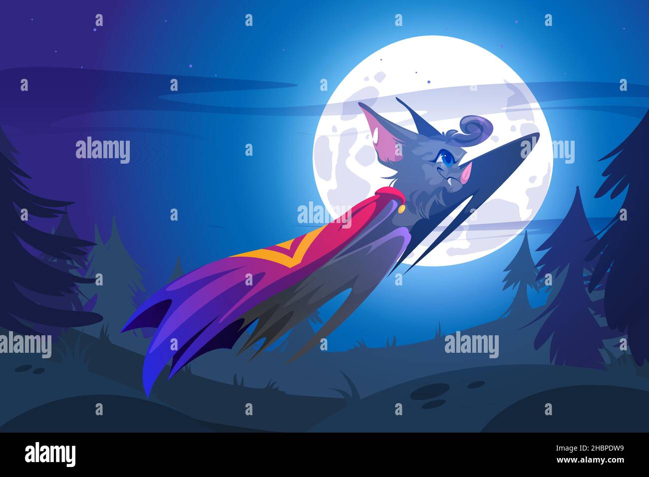 Superhero bat flying at night sky with full moon and spruces in forest ...