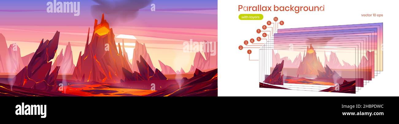 Volcano erupts with hot lava, fire and clouds of smoke at sunset ...