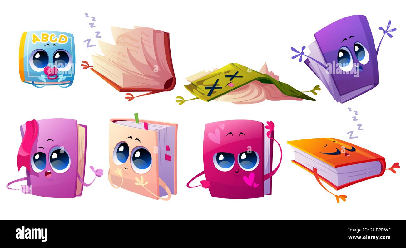 Cute books characters with bookmarks and faces. Vector cartoon icons ...