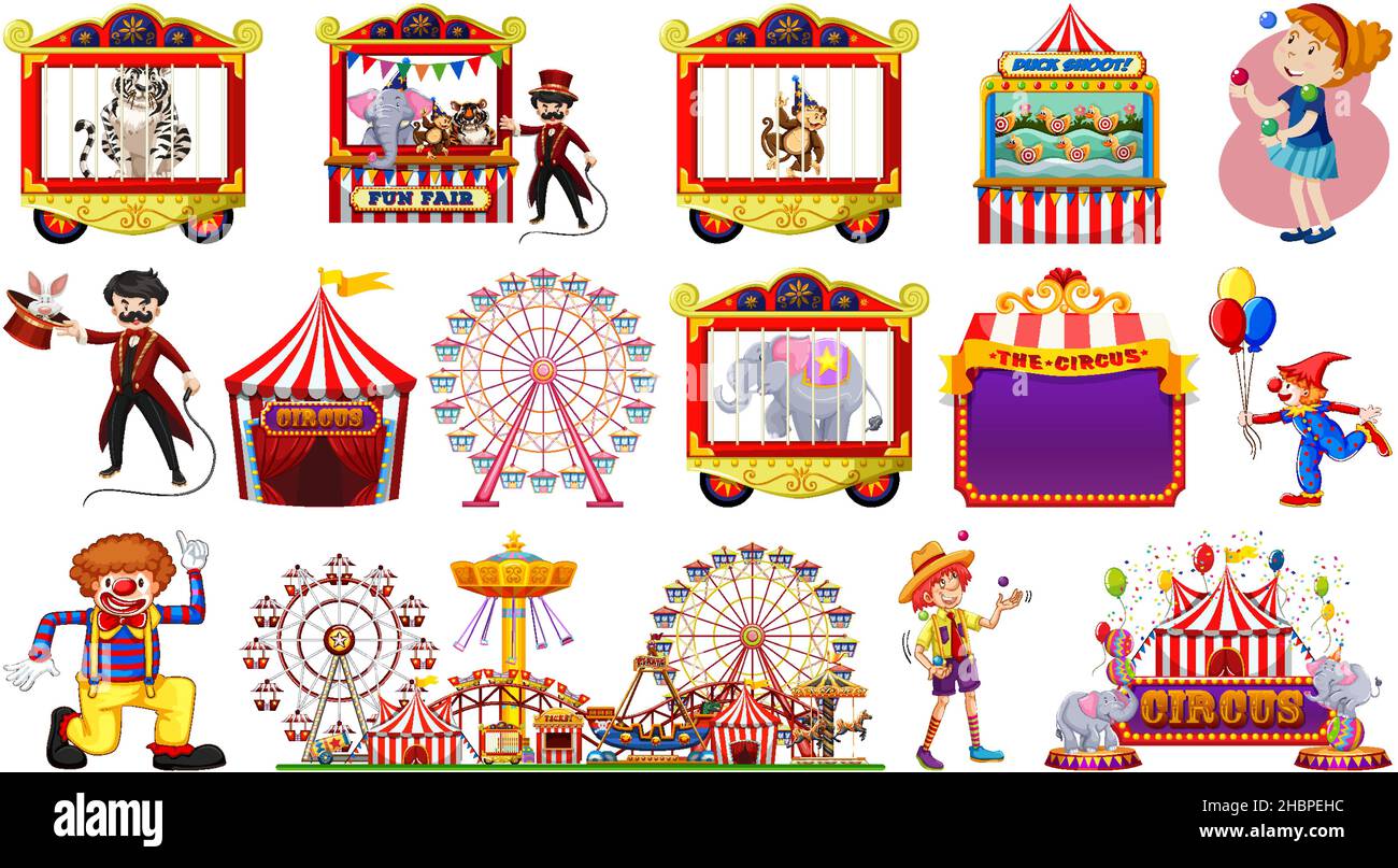 Set of circus characters and amusement park elements illustration Stock ...