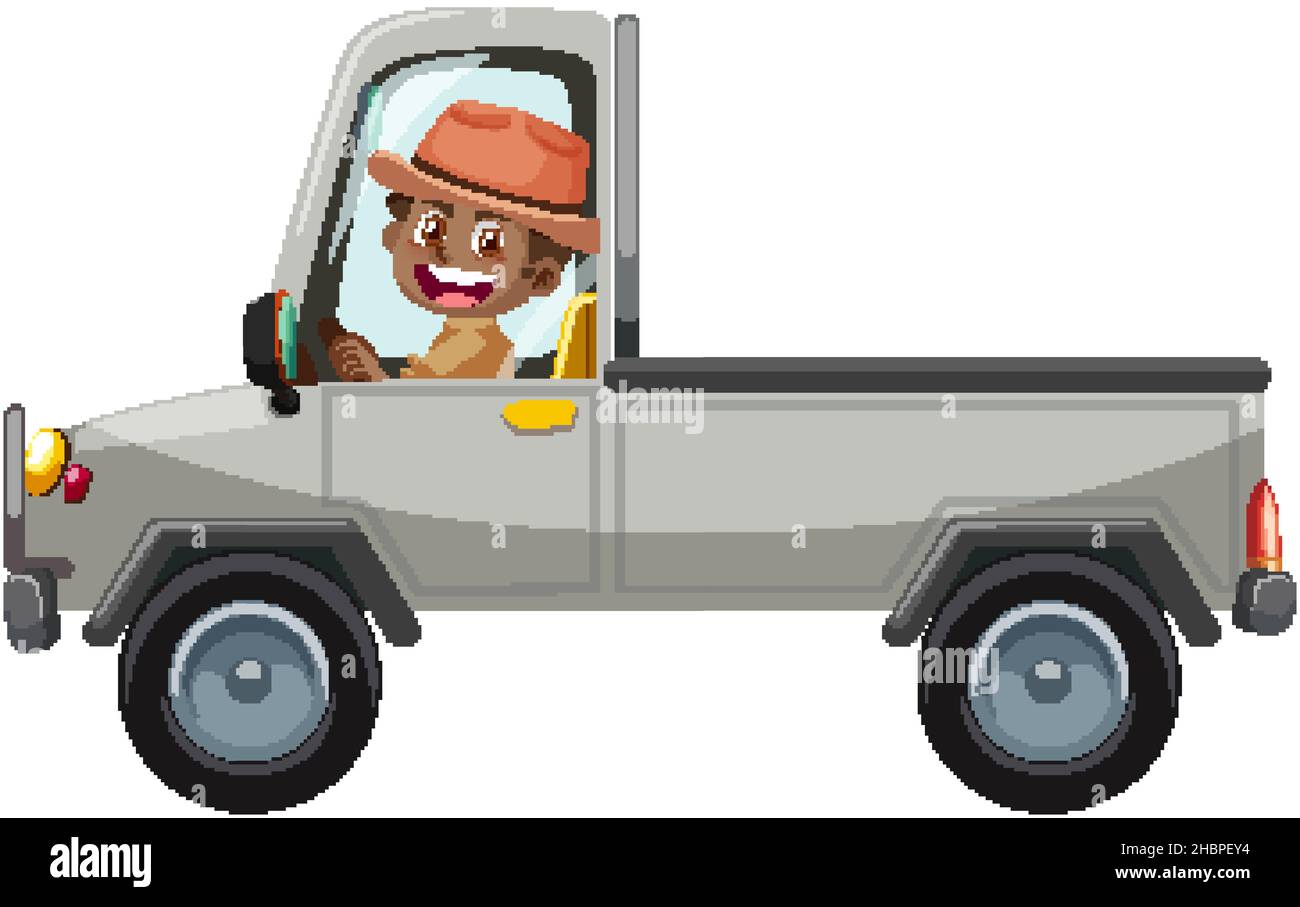 Zoo concept with driver man drives pick-up car isolated illustration ...