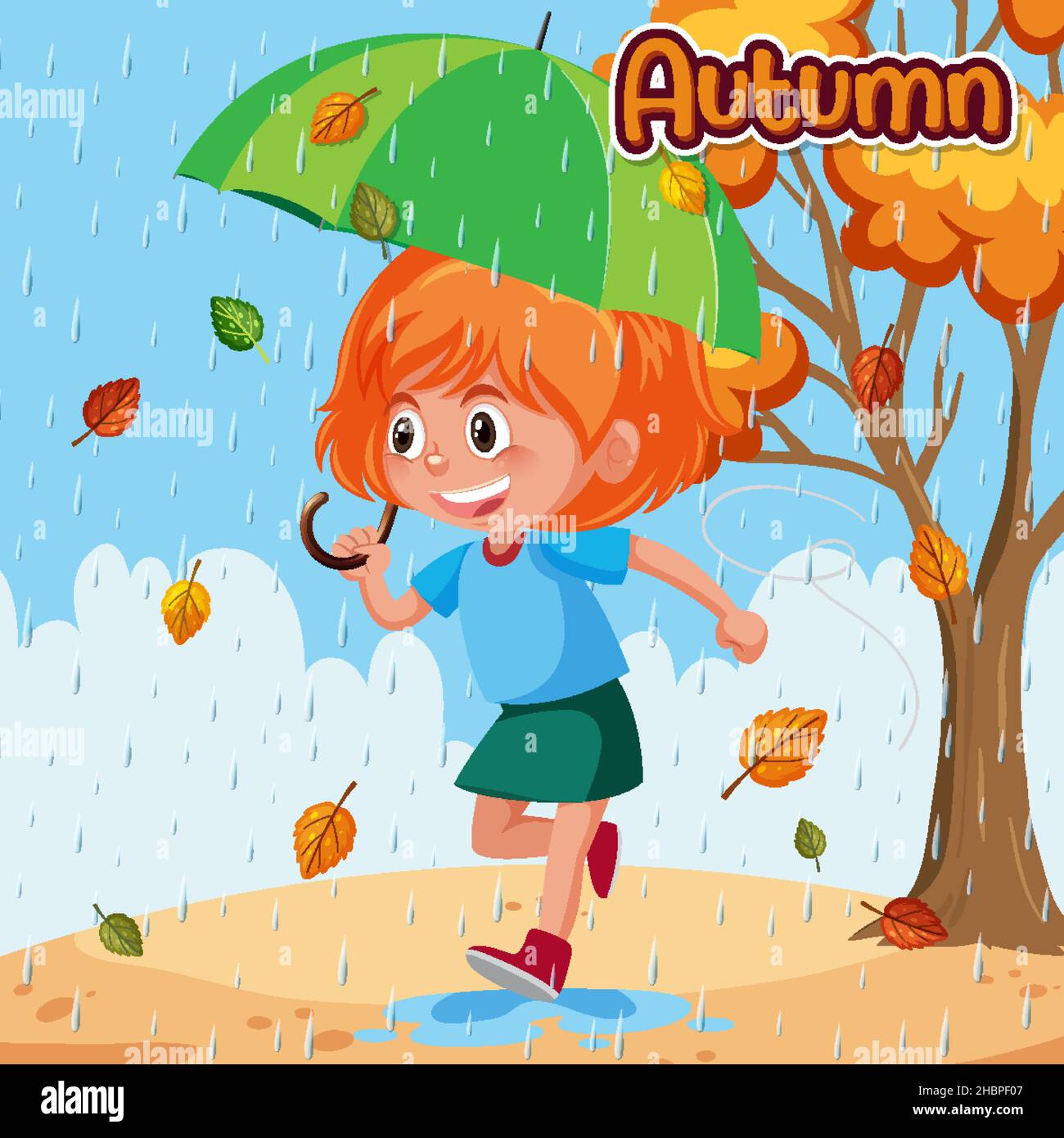 Autumn season with a girl in raining illustration Stock Vector Image ...