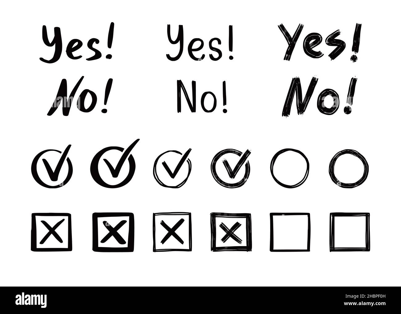 Check and cross mark set. Hand drawn doodle sketch style. Vote, yes, no ...