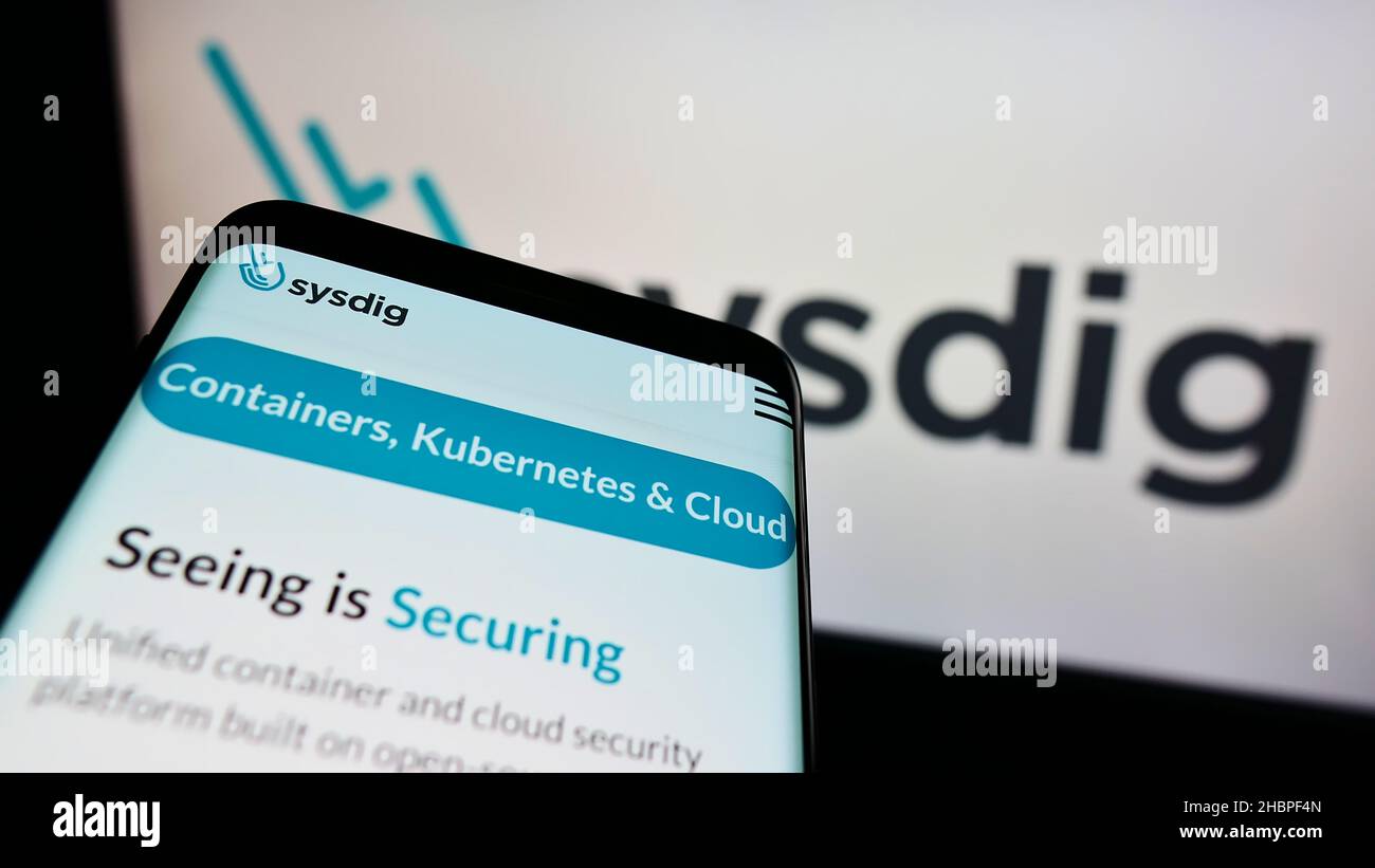Mobile phone with website of American cloud security company Sysdig Inc ...