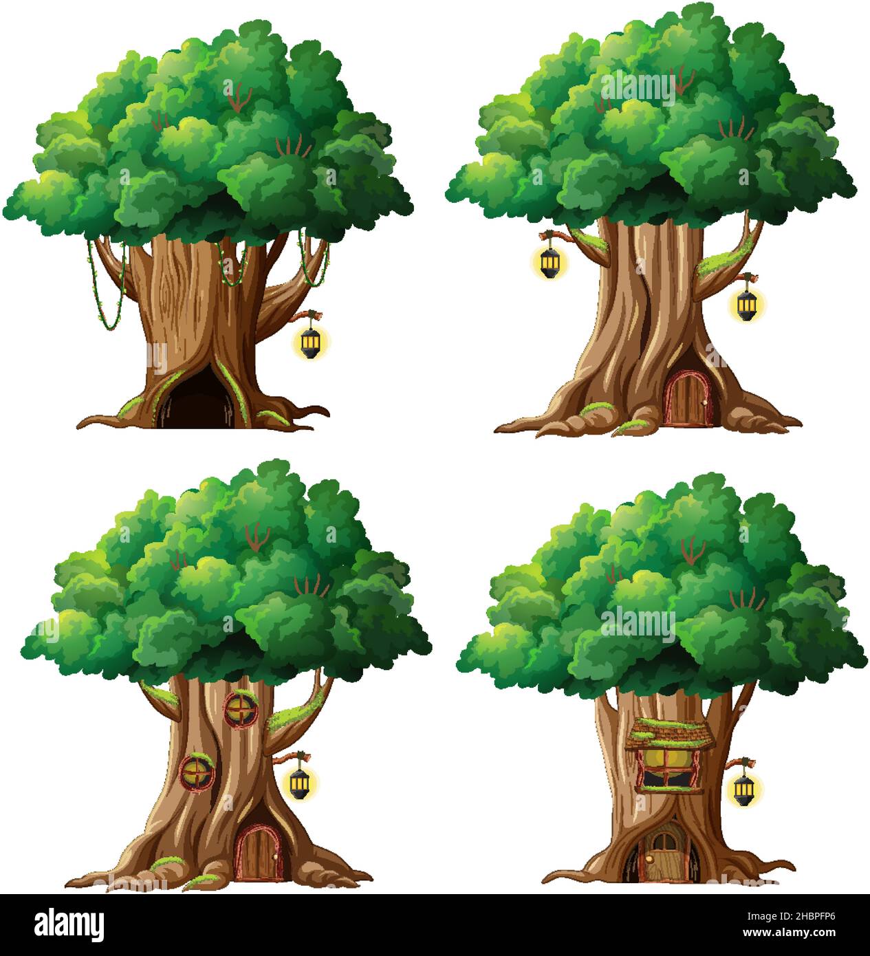 Set of different fantasy tree houses inside tree trunk illustration ...