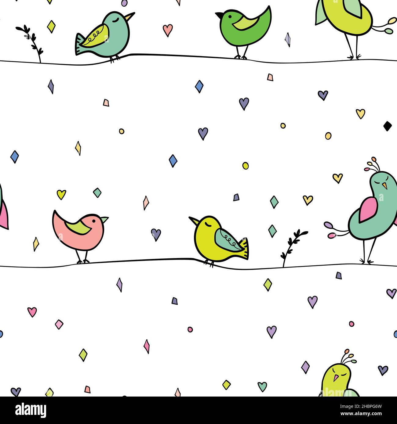 Seamless pattern with funny colorful birds sitting on wires. Color flat ...