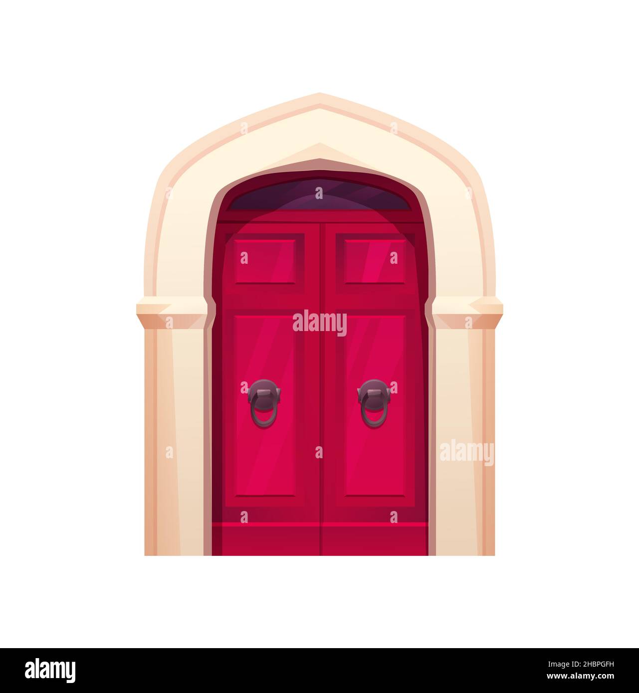 Wooden red door with arch front view. Entrance or gate. Cartoon vector ...