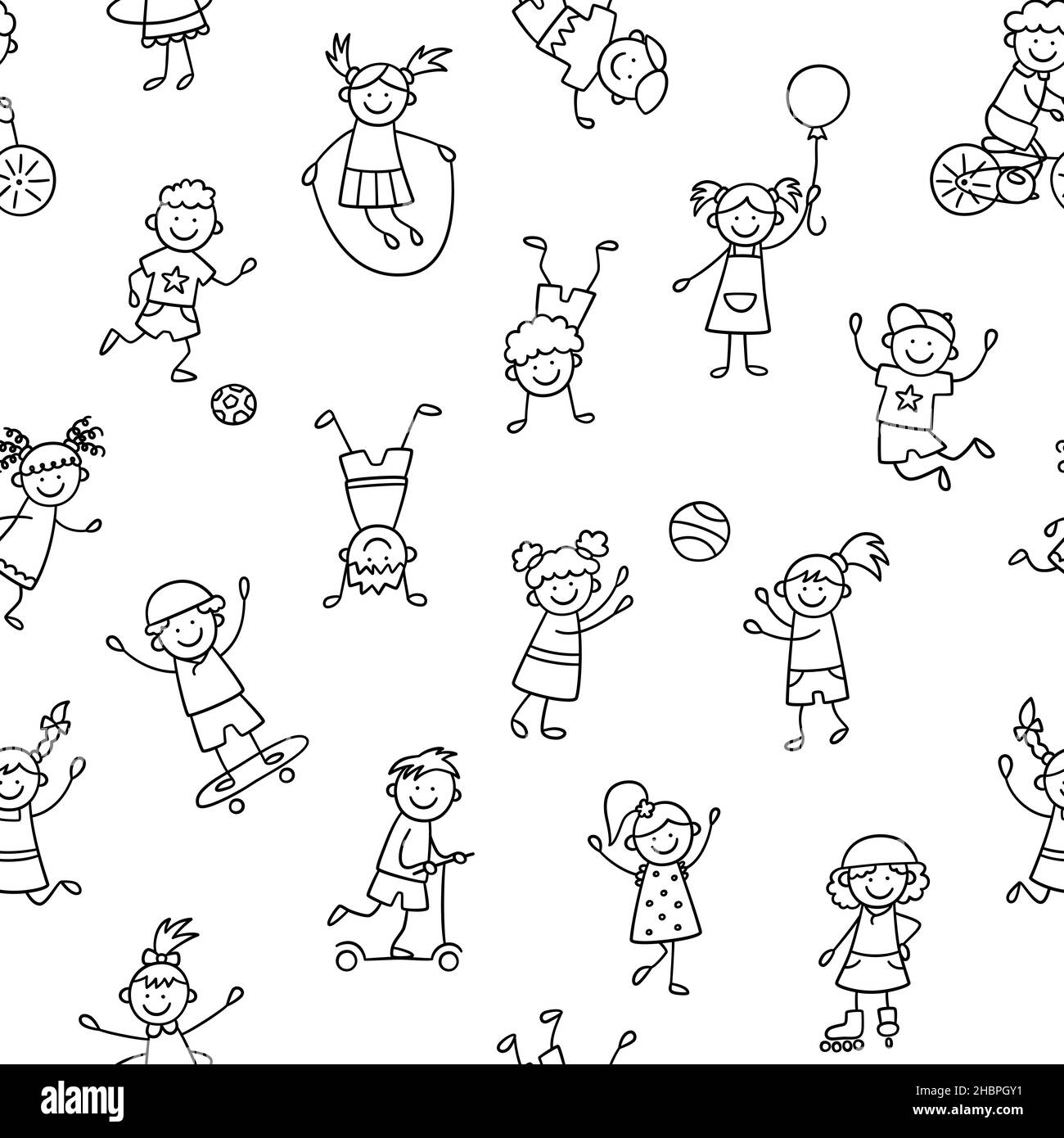 Seamless pattern with doodle children. Hand drawn funny little kids ...