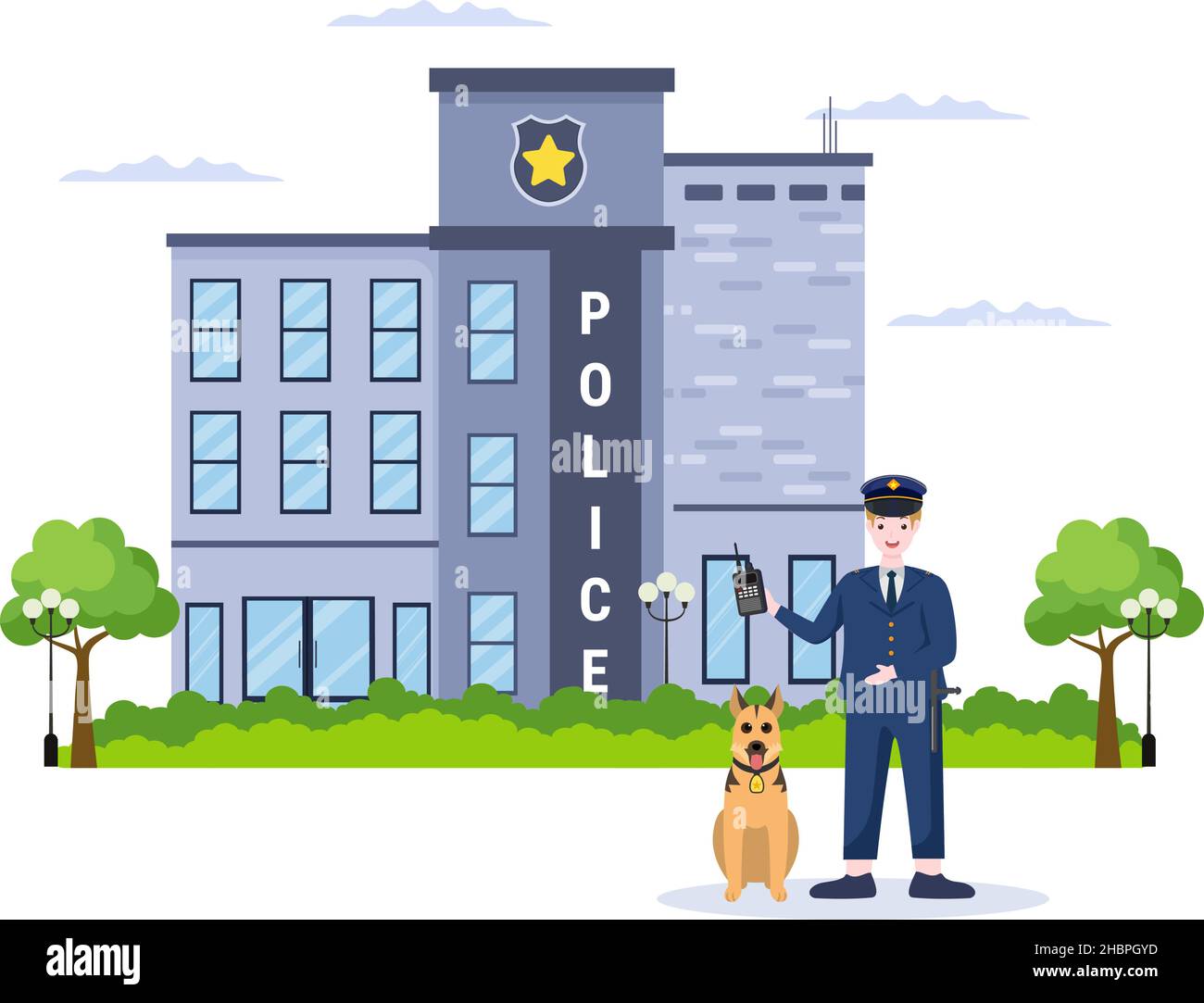 Police Station Department Building with Policeman and Police Car in ...