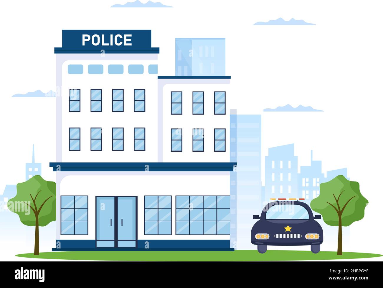 Police Station Department Building with Policeman and Police Car in ...