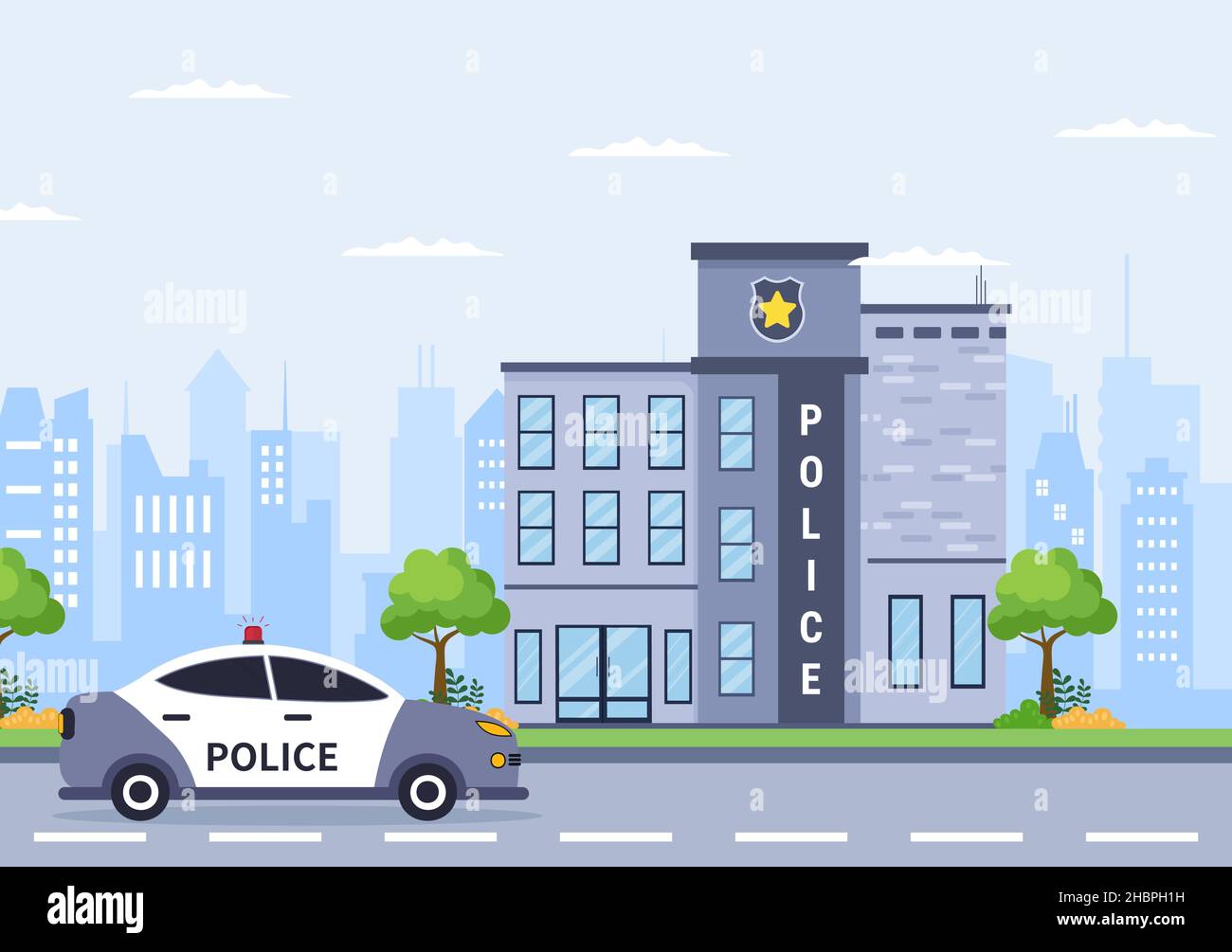 Police Station Department Building with Policeman and Police Car in ...