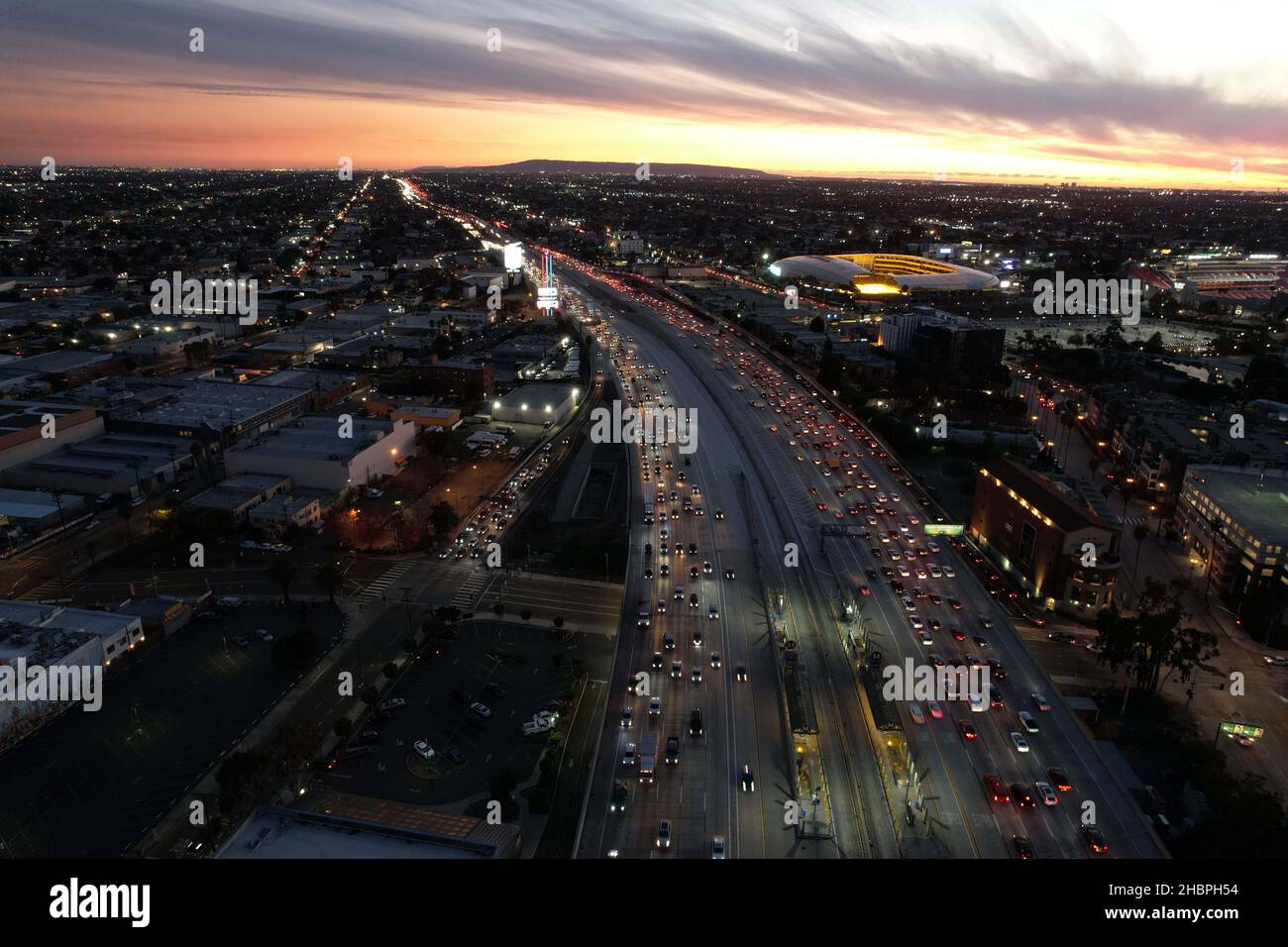 An aerial view of rush hour traffic on the Interstate 110 freeway ...