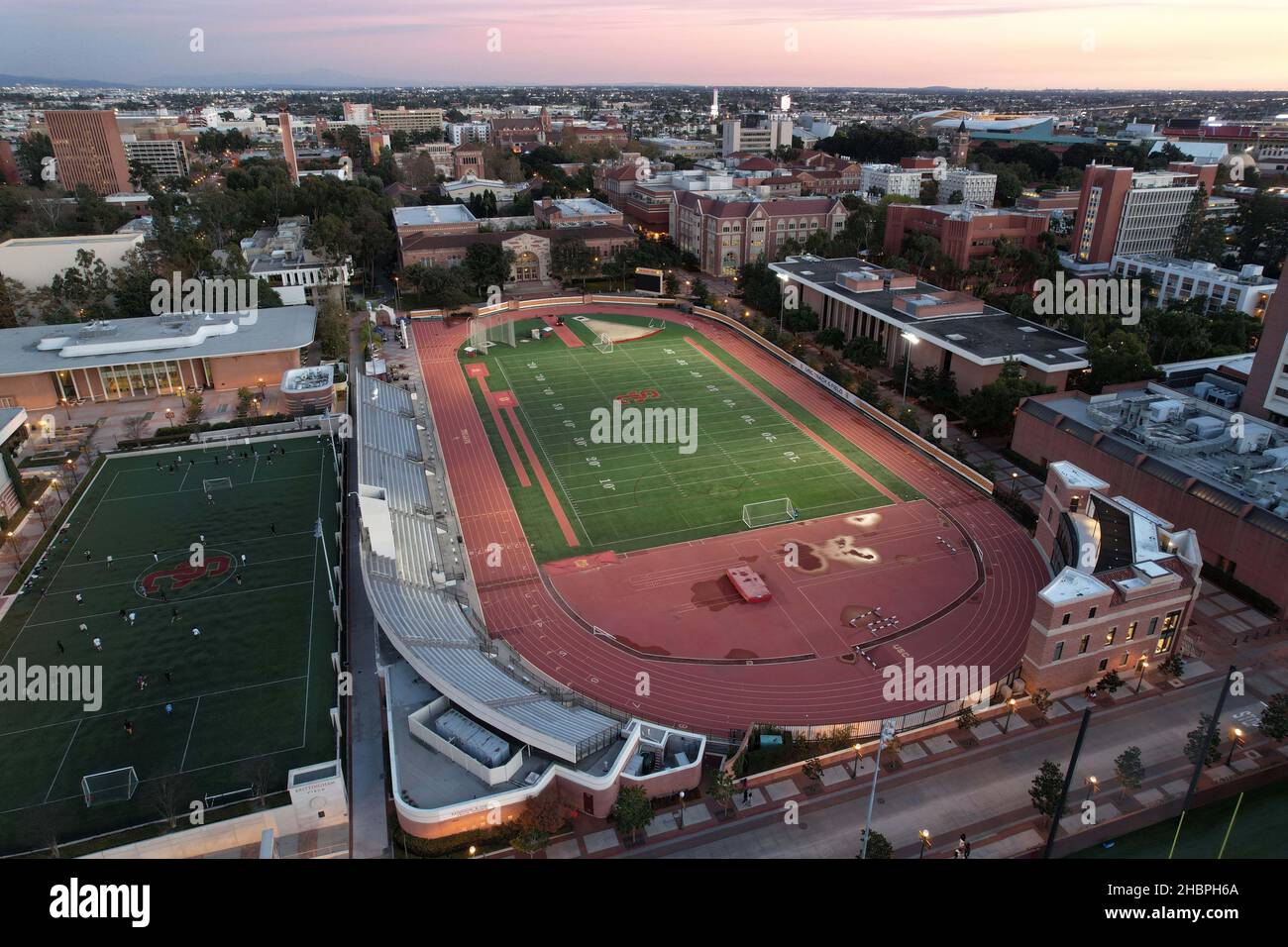 An aerial view of Cromwell Field and Loker Stadium on the campus of the ...