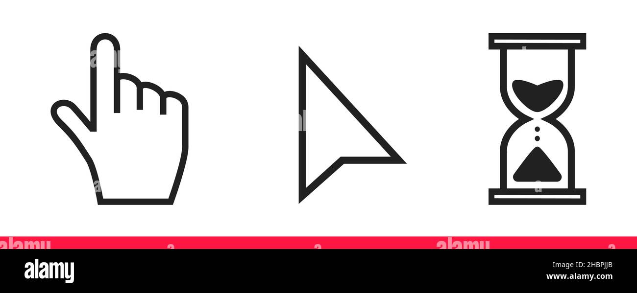 Black hourglass loading clock, pointer hand and arrow mouse cursors ...