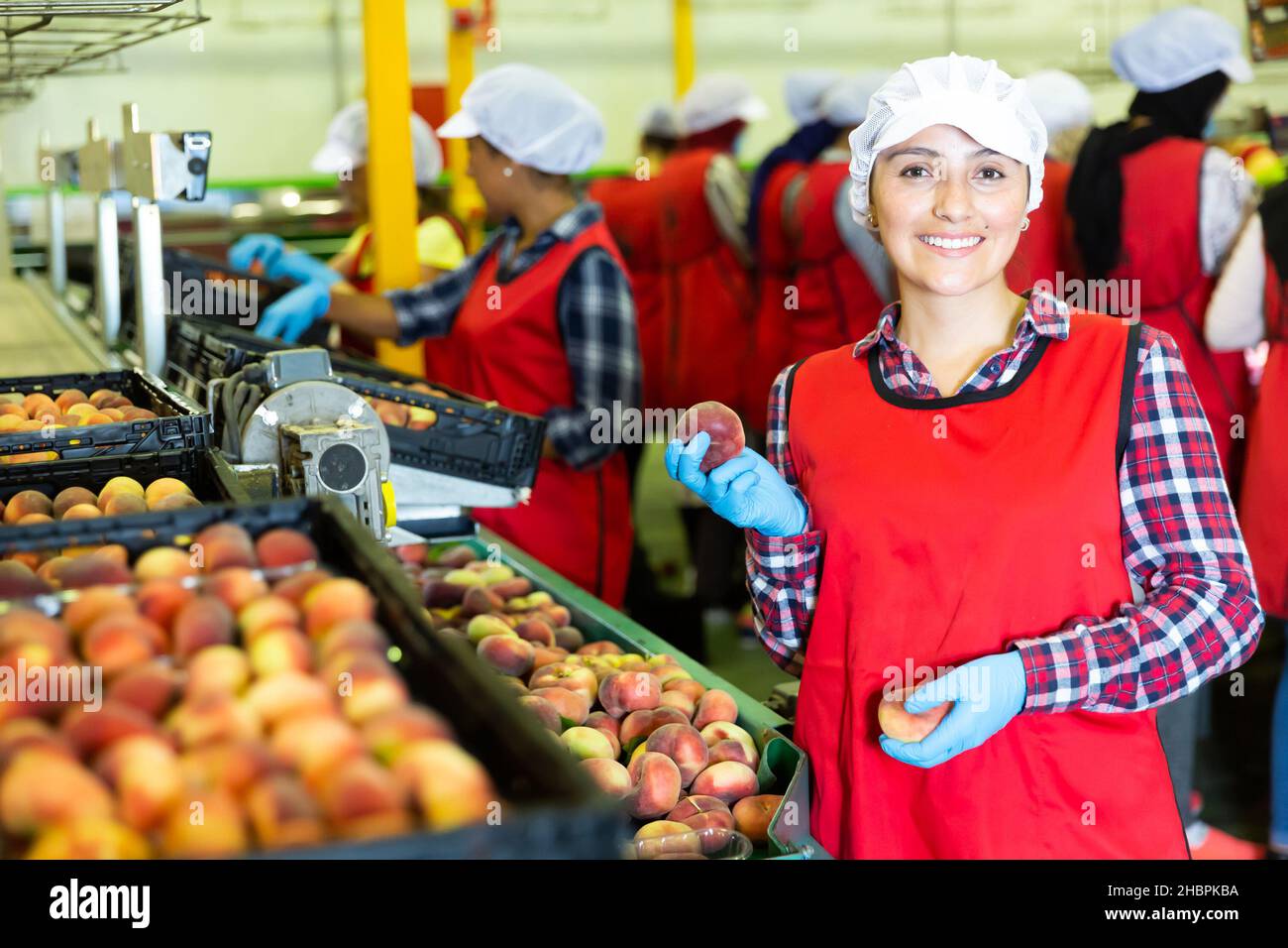 Portrait of positive female employee on fruit sorting department ...