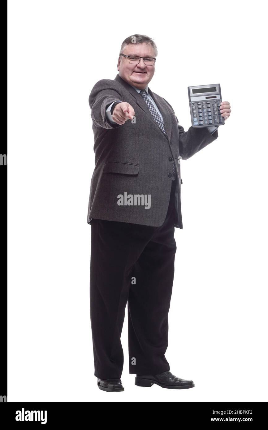 serious business man with a calculator. isolated on a white Stock Photo ...